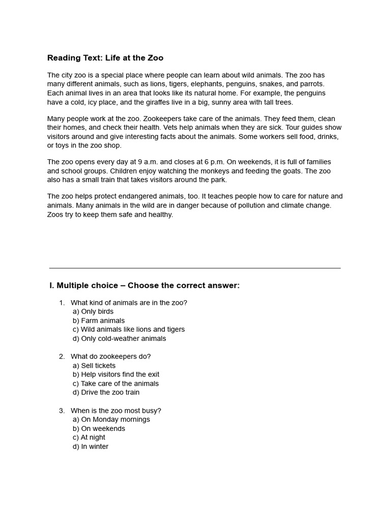 Reading Text - Life at The Zoo | PDF | Zoo | Zoology