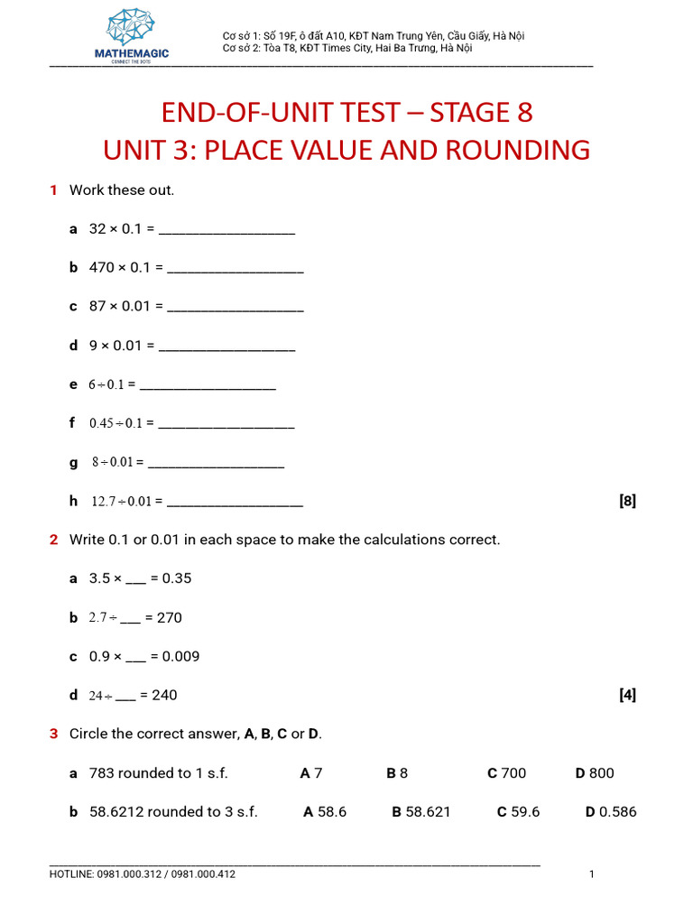 Stage 8 Unit 3 Test: Rounding & Value | PDF | Mathematics | Arithmetic