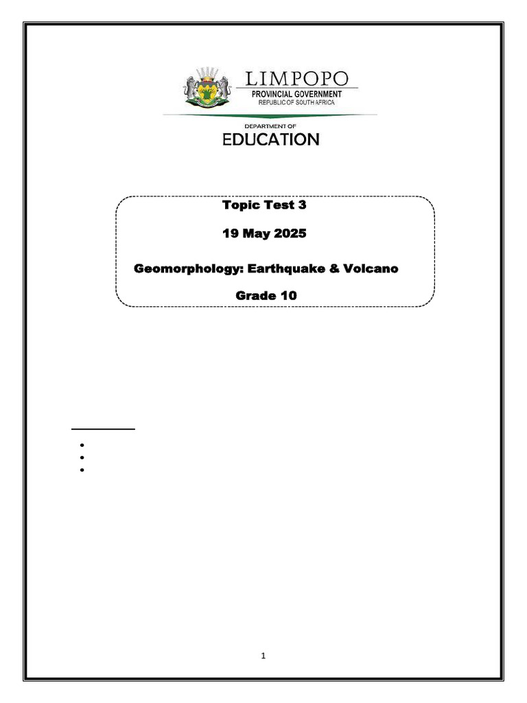Grade 10 Geomorphology Test: Earthquakes & Volcanoes | PDF ...