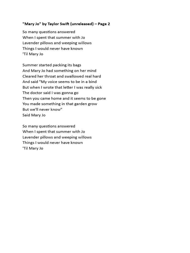 Taylor Swift's Unreleased Songs Lyrics-10 | PDF
