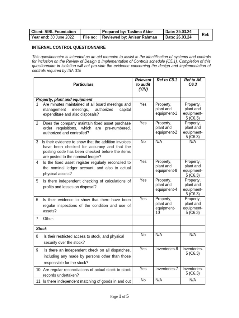 16 - Internal Control Questionnaire | PDF | Audit | Cheque