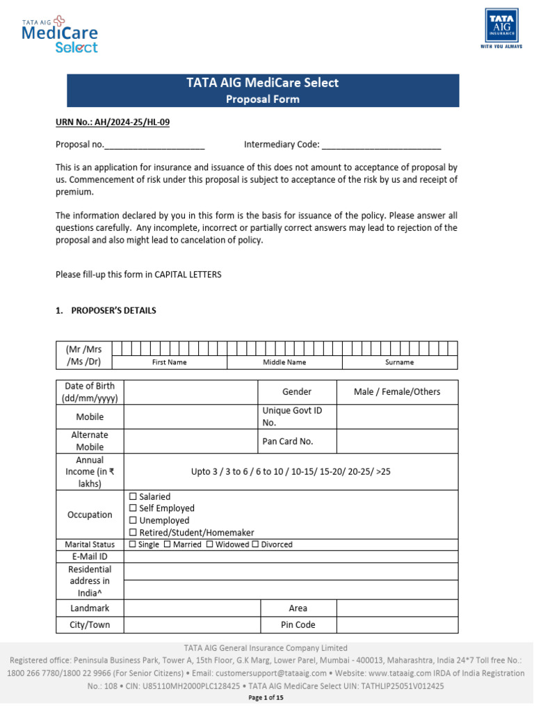 TATA AIG MediCare Select Proposal Form | PDF | Insurance | Deductible