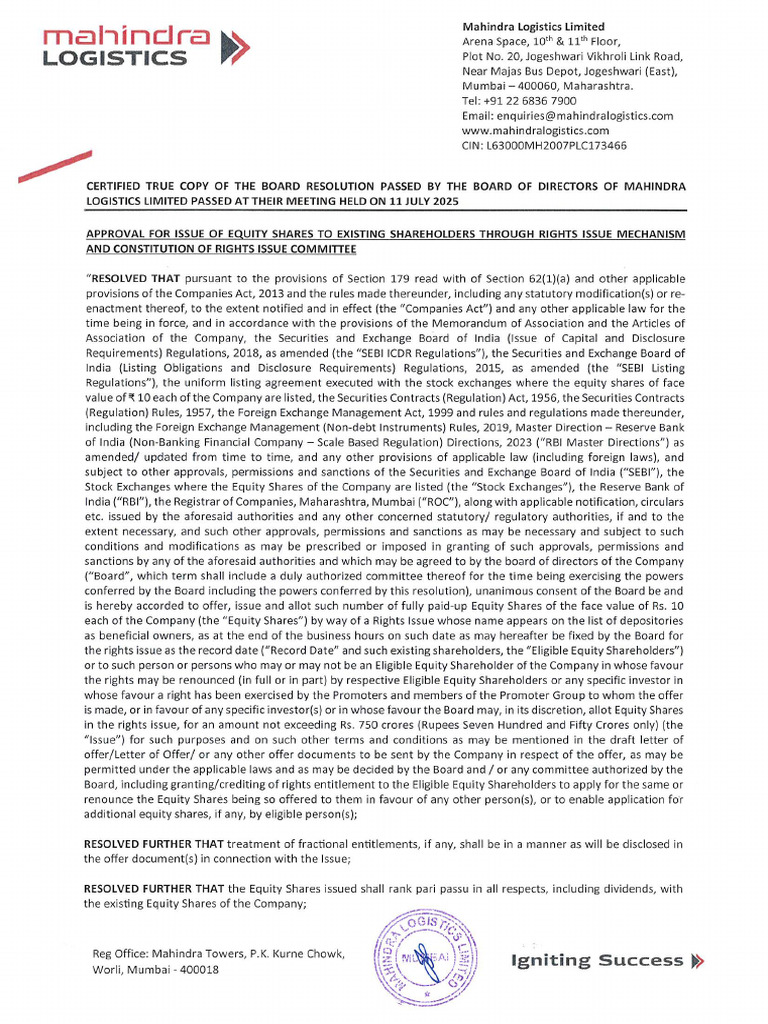 Board Resolution For Approval of Right Issue | PDF