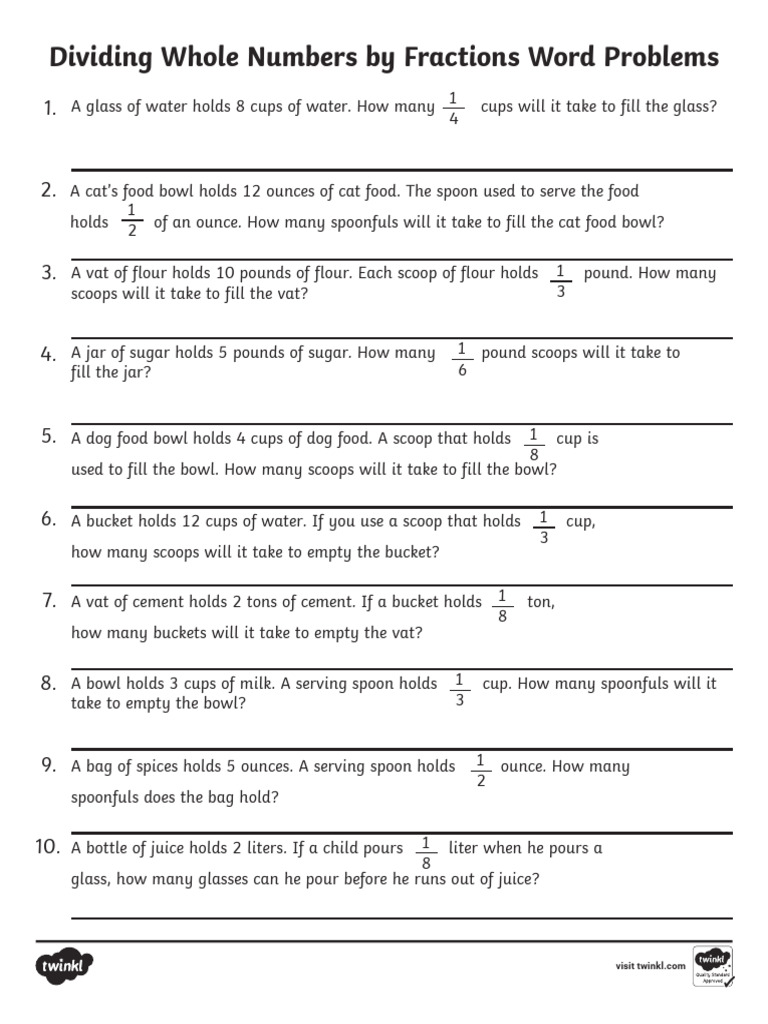 Dividing Whole Numbers by Unit Fractions Word Problems Activity Sheet ...