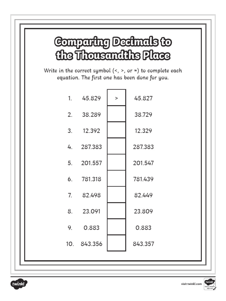Black and White Comparing Decimals To The Thousandths Place Worksheet | PDF