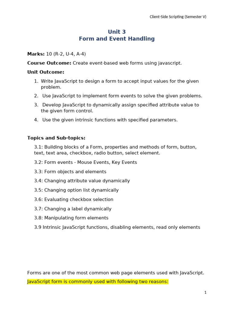Unit 3 Forms Event Handling | PDF | Java Script | World Wide Web