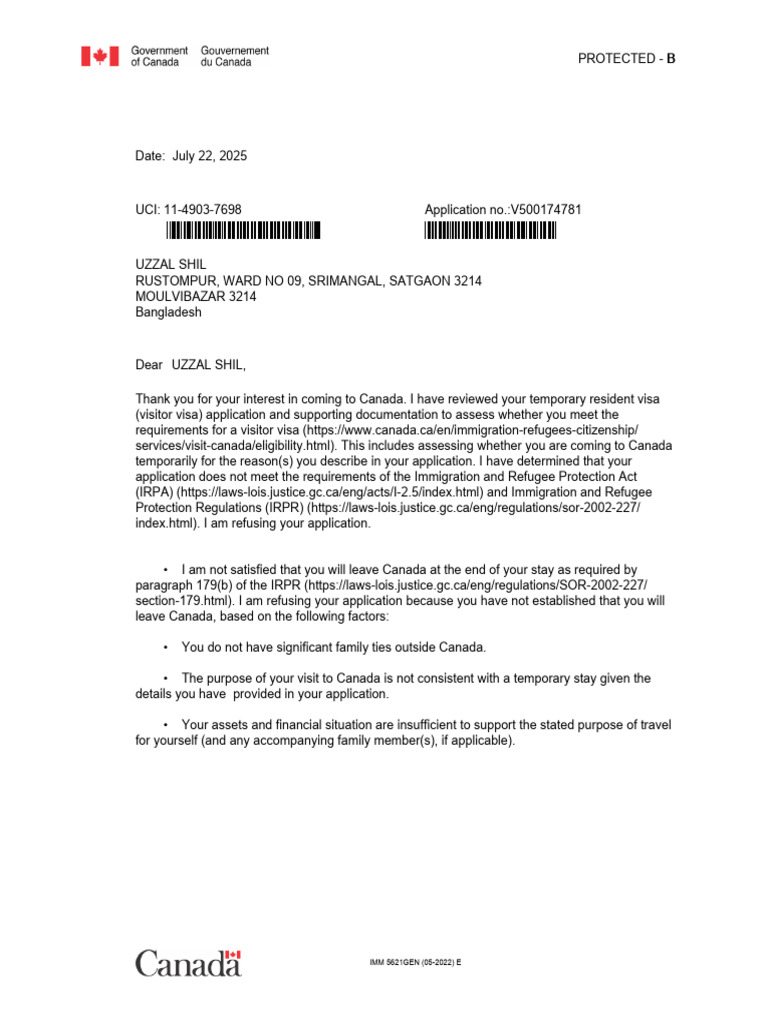 Ujjol Shil Refuse Letter | PDF | Government And Personhood | International Law