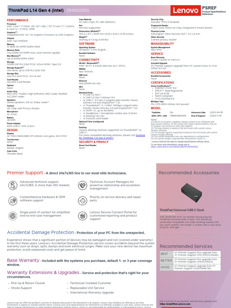 ThinkPad L14 Gen 4 Intel 21H10030IG | PDF | Computer Hardware | Personal Computers