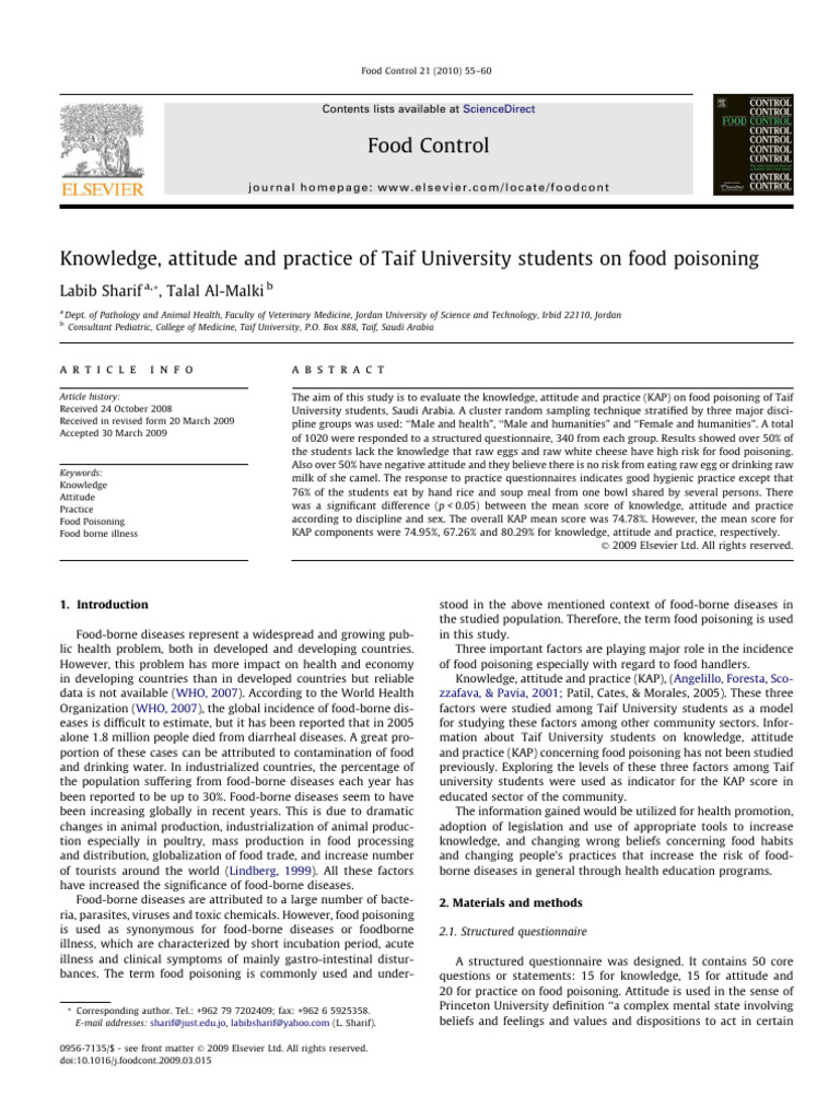 Taif University Students' Food Poisoning KAP | PDF