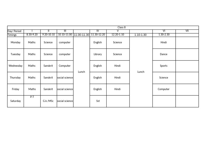 New Class 8th Time Table | PDF