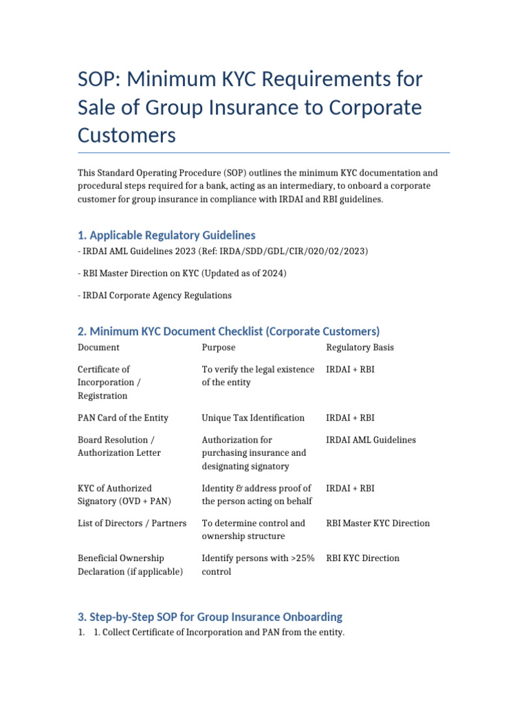 SOP KYC Group Insurance Corporate | PDF