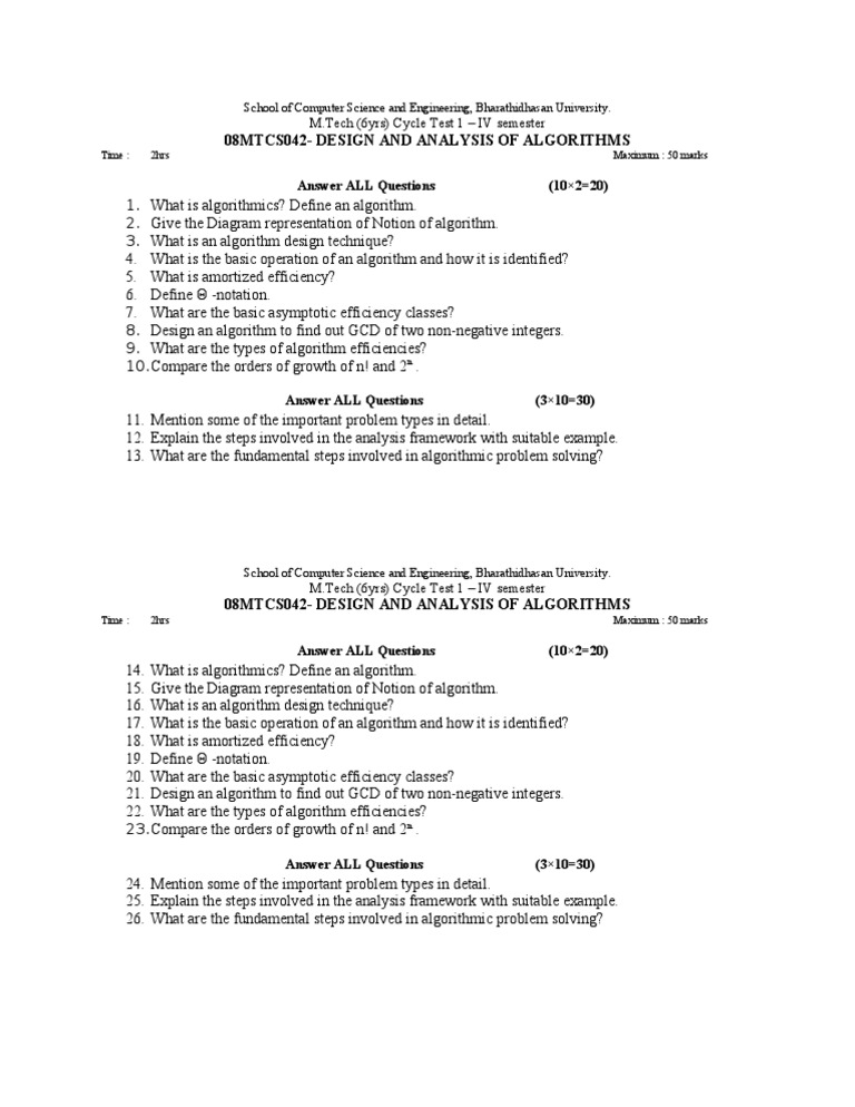 08Mtcs042-Design and Analysis of Algorithms: Answer ALL Questions (10×2 ...
