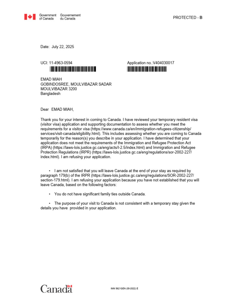 Emad Miah Refuse Letter | PDF | Travel Visa | International Law