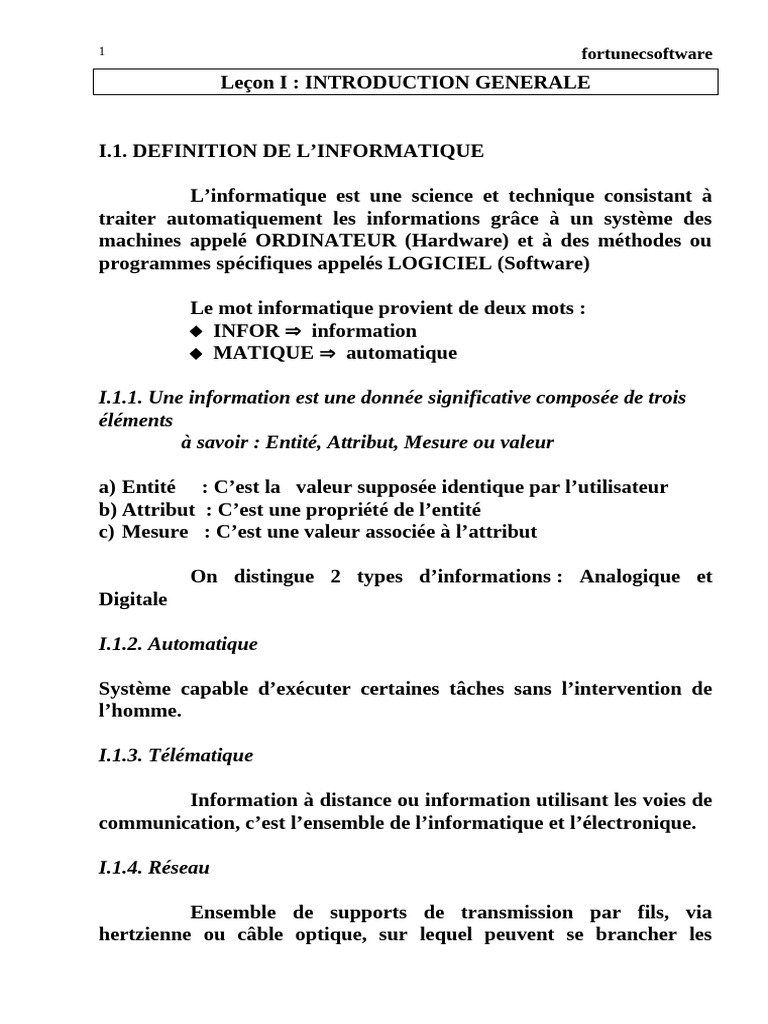Introduction à l'informatique et aux logiciels | PDF | Mémoire ...