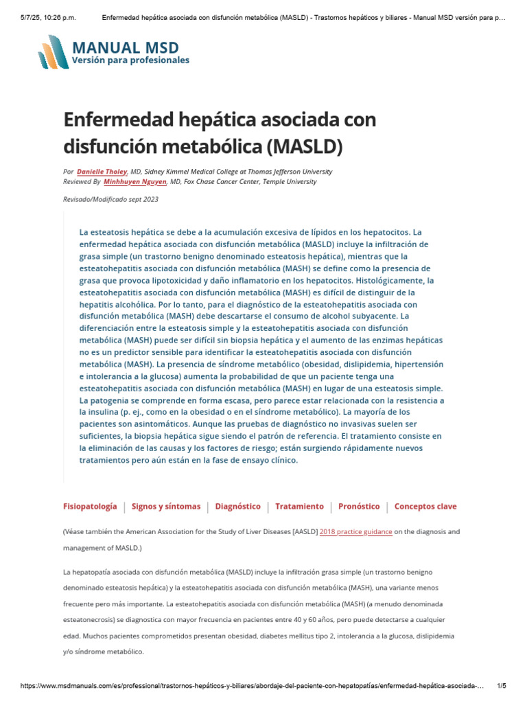 Enfermedad Hepática Asociada Con Disfunción Metabólica (MASLD) - Trastornos Hepáticos y Biliares ...