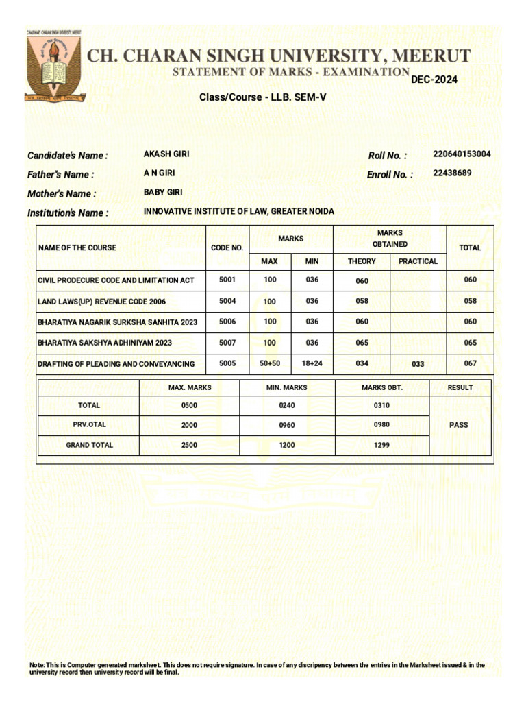 Akash Giri 5th Sem Result | PDF