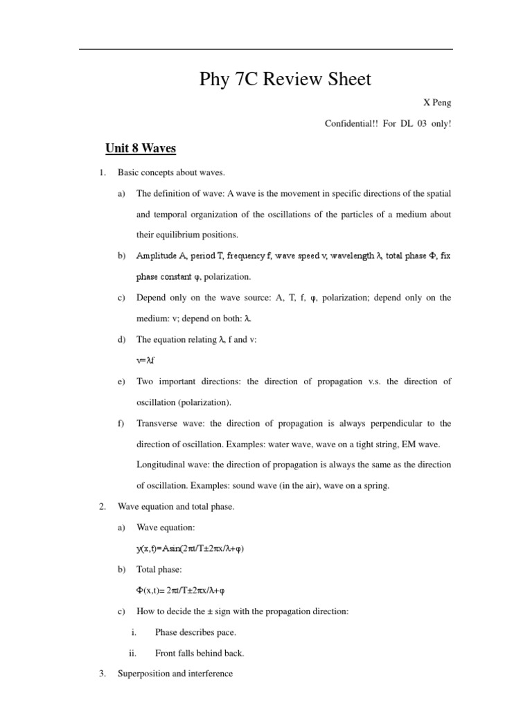 Phy 7C Review Sheet: Unit 8 Waves | PDF | Waves | Magnetic Field