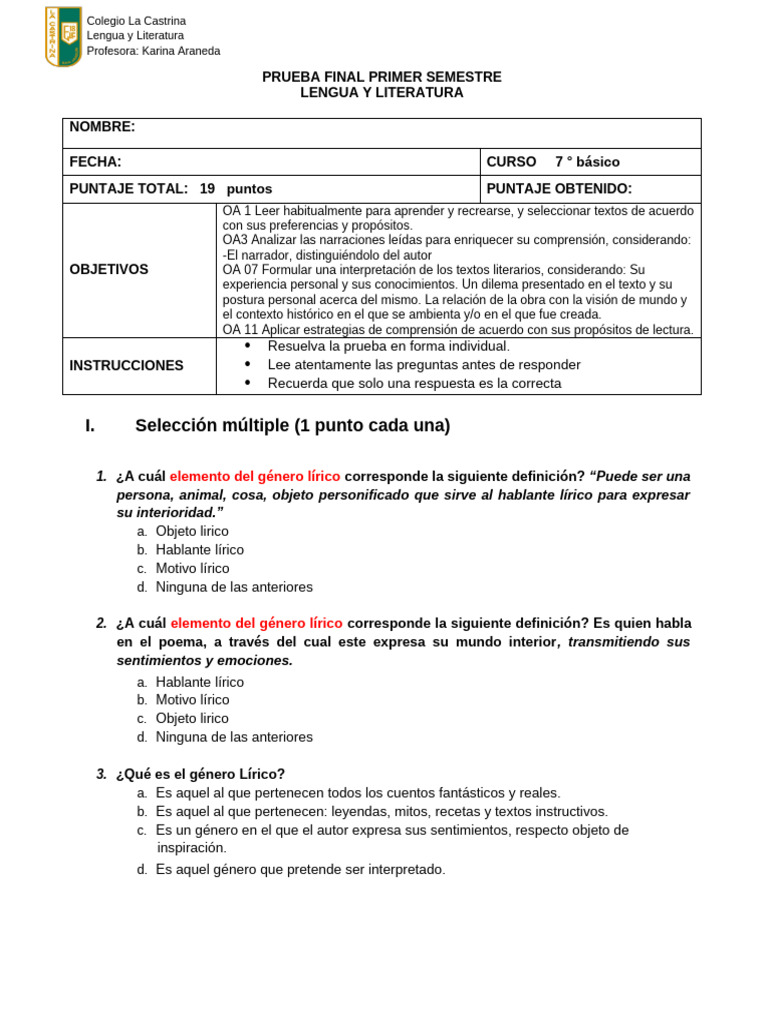 Prueba Final Primer Sem. 7° Lenguaje | PDF