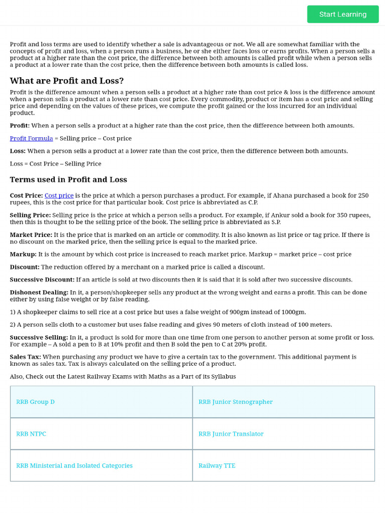 Profit and Loss - Concept, Formula, Percentage, Tricks & Examples. | PDF