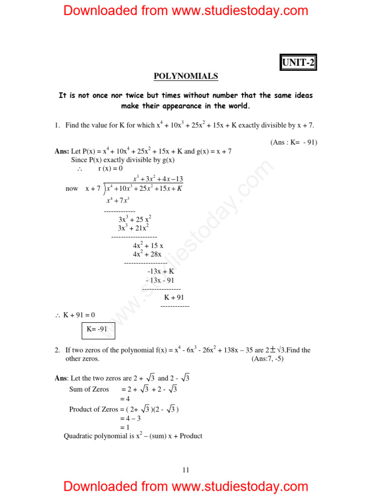 CBSE Class 10 Mathematics Polynomials Worksheets Set C | PDF | Zero Of A Function | Polynomial