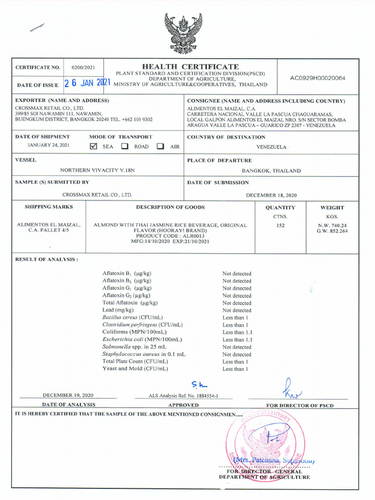 CROSSMAX Certificado Sanitario Leches Vegetales | PDF