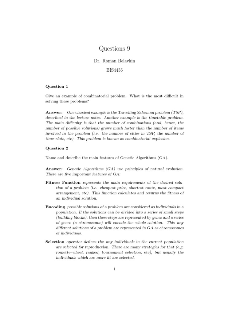 Questions 9: Dr. Roman Belavkin BIS4435 | PDF | Genetic Algorithm ...