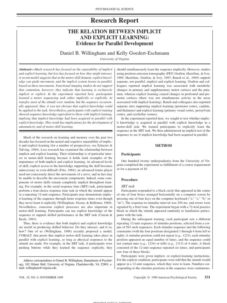 Willingham - Relation Between Implicit and Explicit Learning | PDF ...
