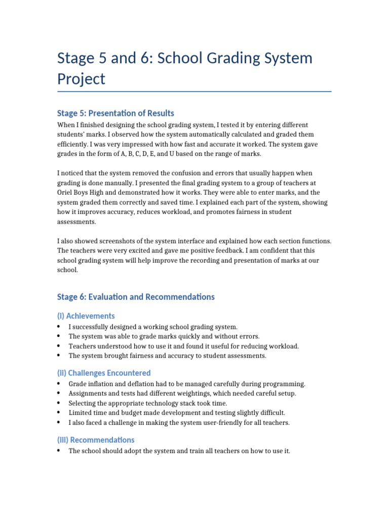 Stage 5 and 6 School Grading System Project | PDF
