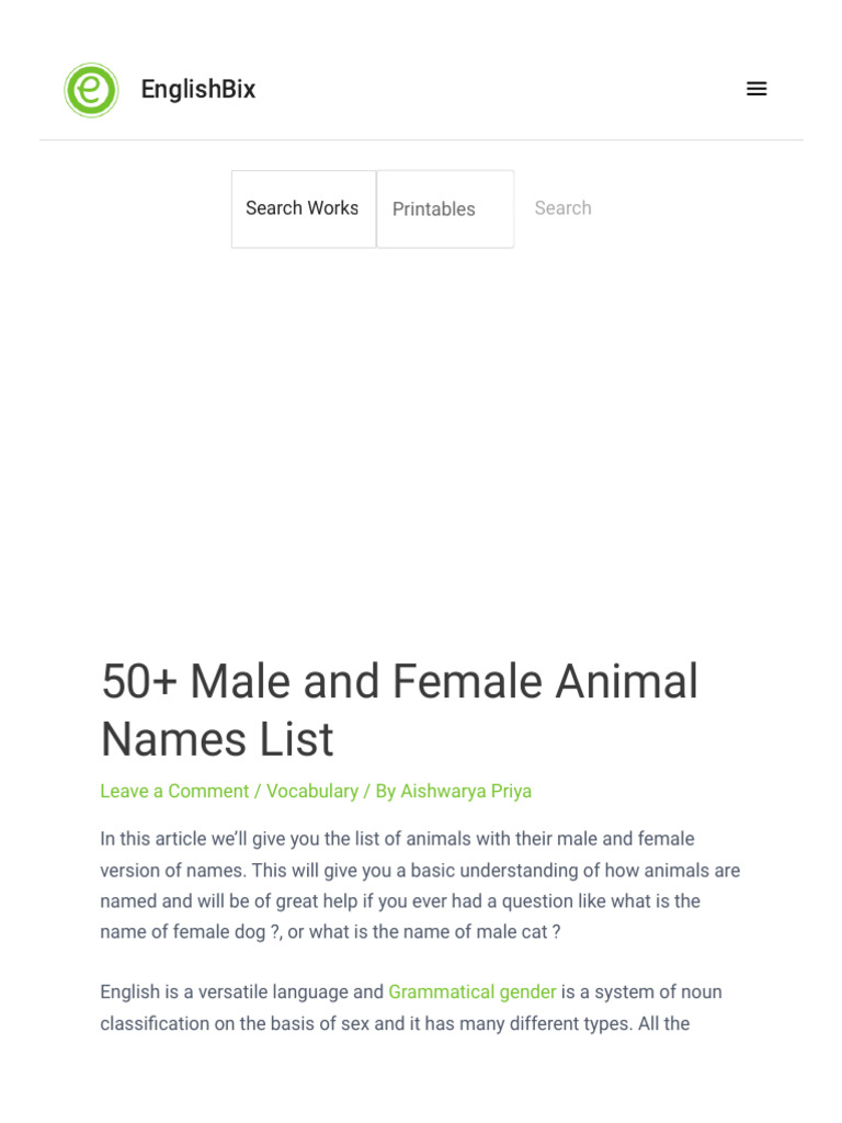 50+ Male and Female Animal Names List - EnglishBix | PDF | Grammatical ...