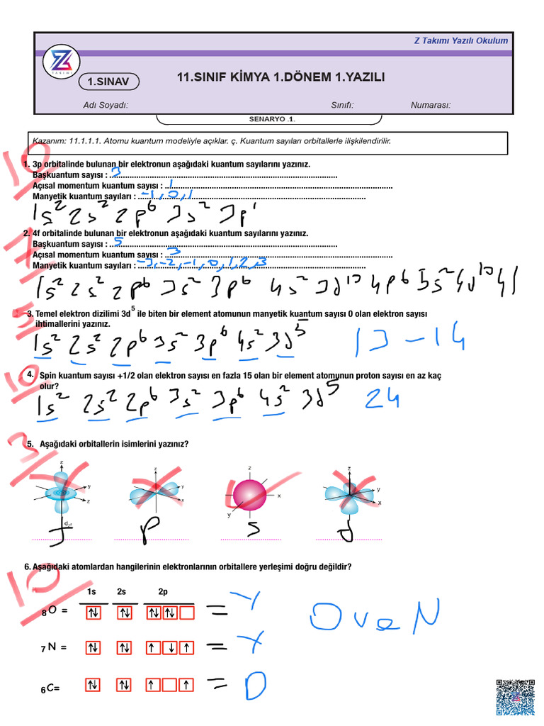 11 Sinif Kimya Ortak Yazili Sorulari Ornek Meschemy 1.donem 1.yazili | PDF