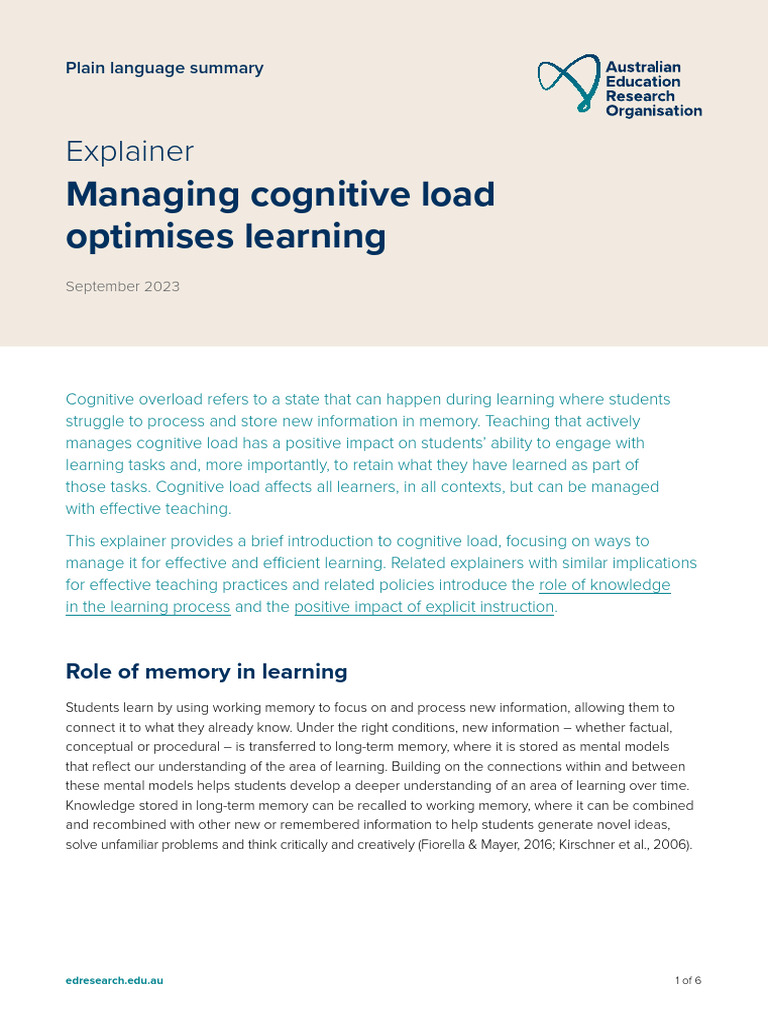 Managing Cognitive Load for Learning | PDF | Learning | Memory