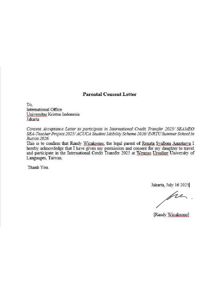Parental Consent Letter | PDF
