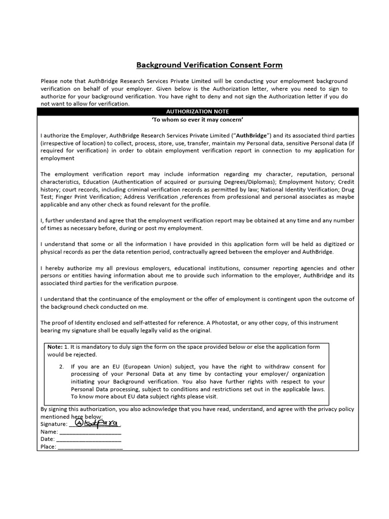 Background Verification Consent Form | PDF | Information | Privacy