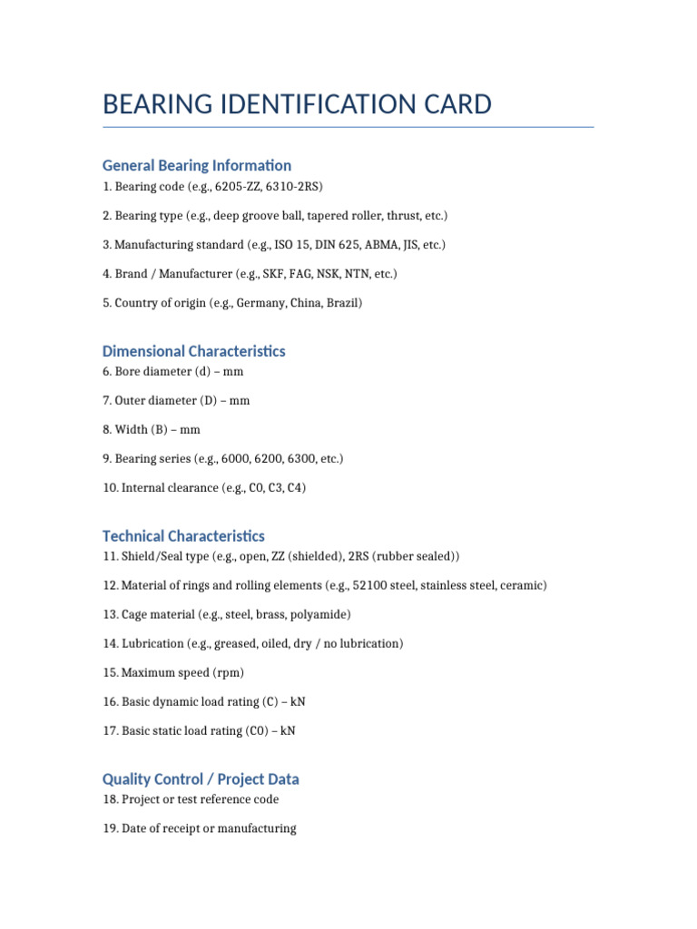 Bearing Identification Card Details | PDF