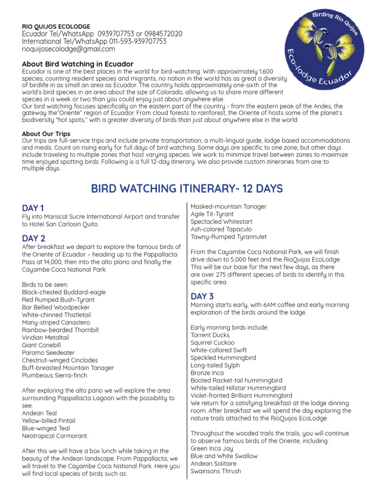 Bird Watching Itinerary 12 Days 1 1 | PDF | Andes | Amazon Rainforest
