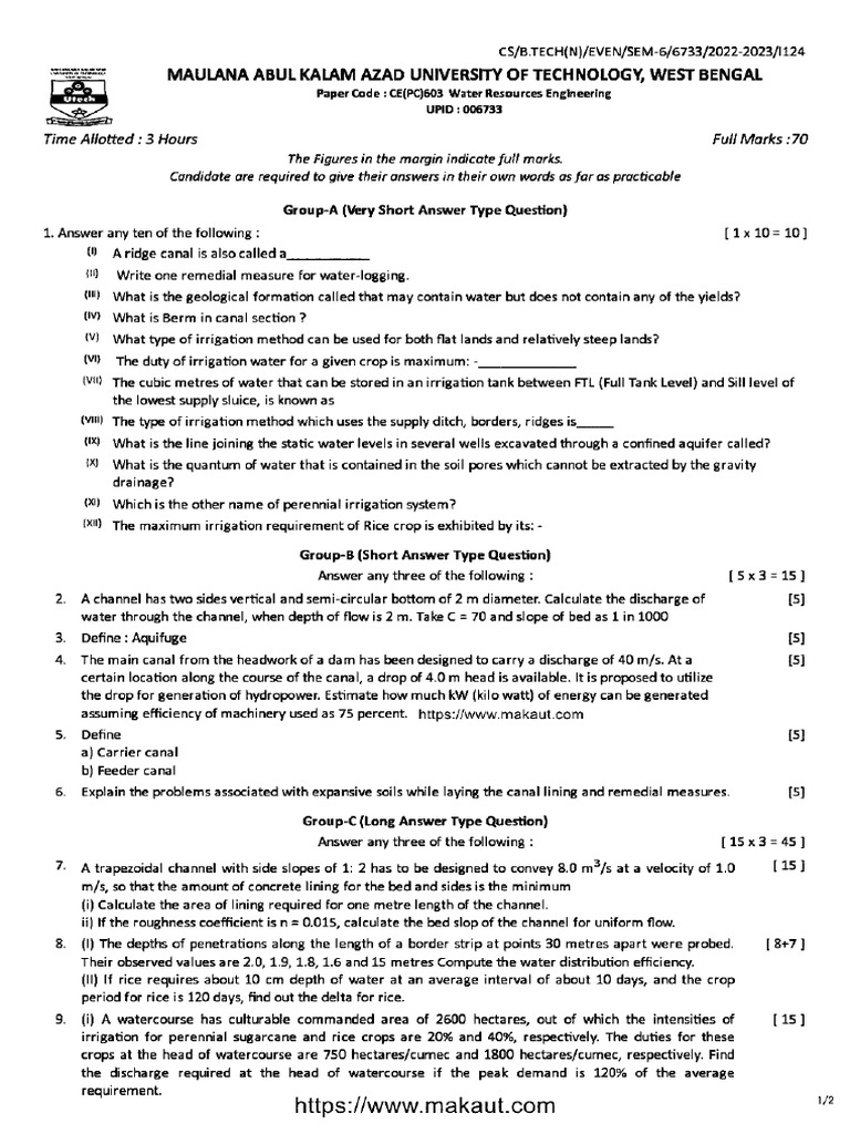 Btech Ce 6 Sem Water Resources Engineering Ce PC 603 2023 | PDF