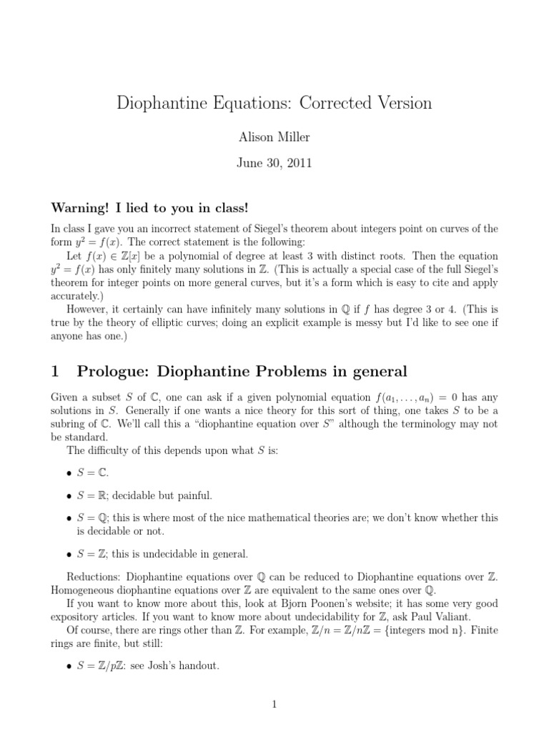 Diophantine Equations - Alison Miller - MOP 2011 | PDF | Equations ...