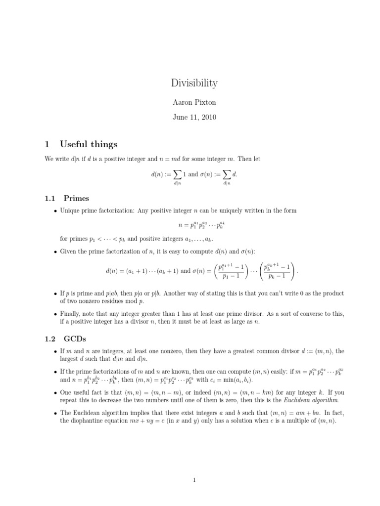 Divisibility - Aaron Pixton - MOP 2010 | PDF | Number Theory | Elementary Mathematics