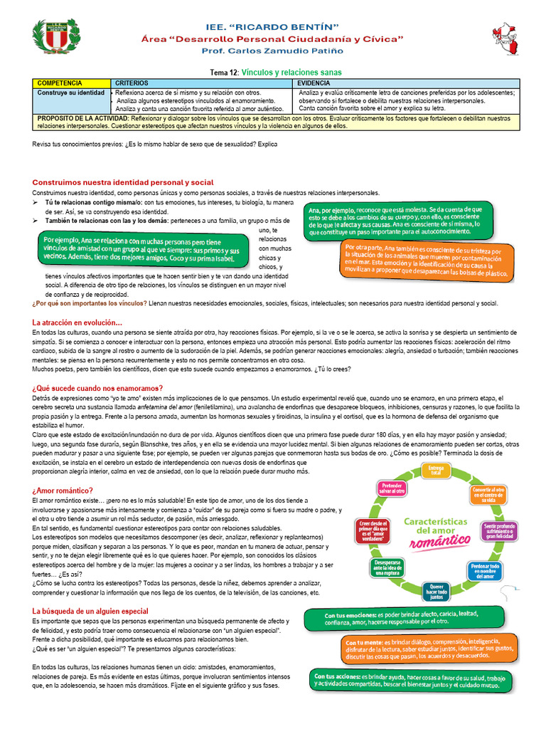 Ficha 12 Vínculos y Relaciones Sanas - DPCC | PDF | Amor | Estereotipos