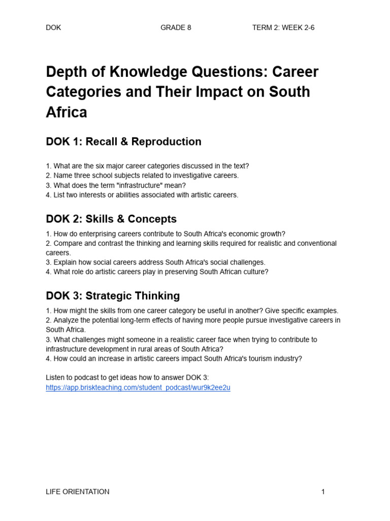 Depth of Knowledge Questions - Career Categories and Their Impact On ...