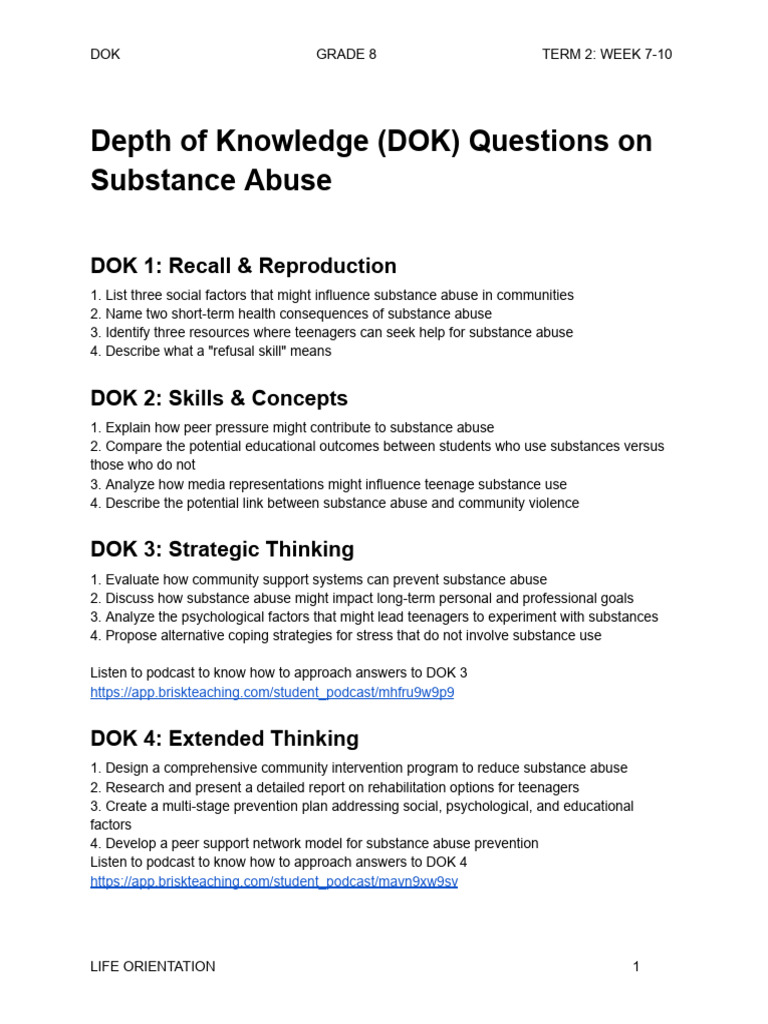 Depth of Knowledge (DOK) Questions On Substance Abuse | PDF | Substance ...