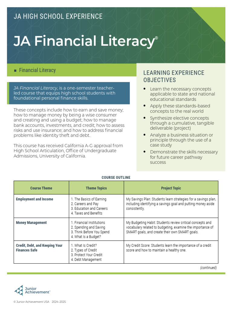 JA High School Experience JA Financial Literacy Course Overview and ...
