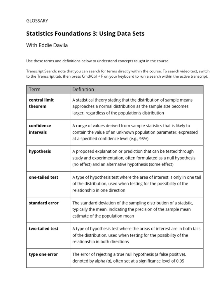Glossary Statistics Foundations 3 | PDF | Statistics | Type I And Type ...
