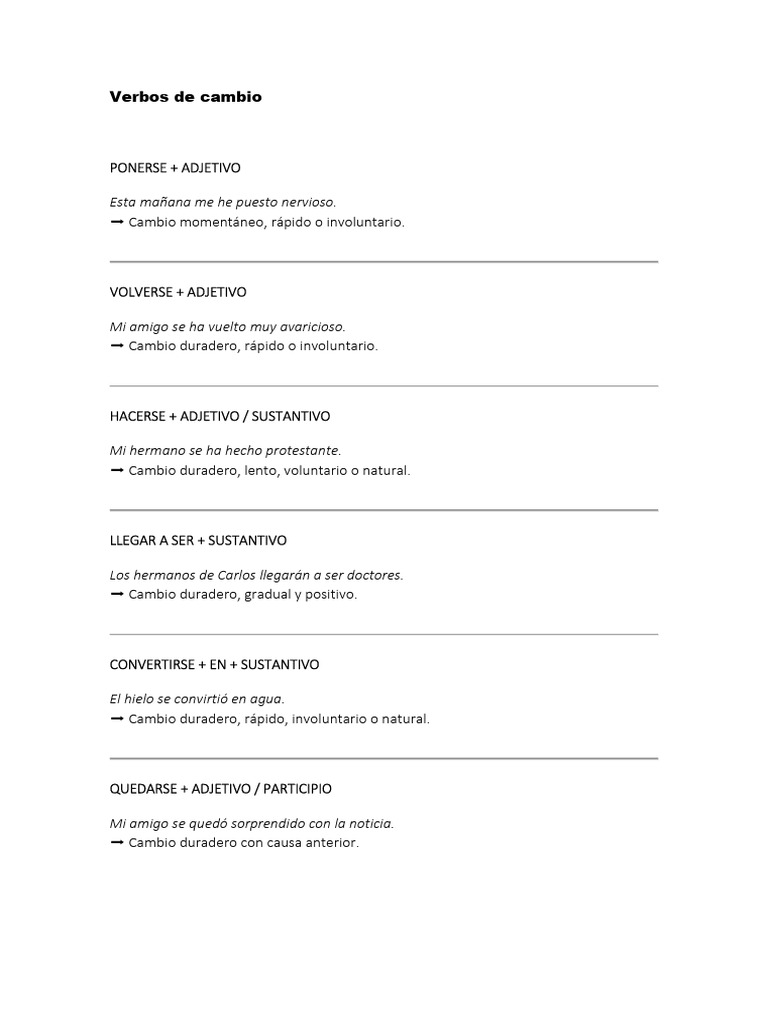 Infografía. Verbos de Cambio y Ejemplos. | PDF