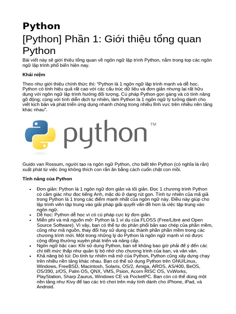 Tổng Quan Python (1) Giới Thiệu Tổng Quan | PDF