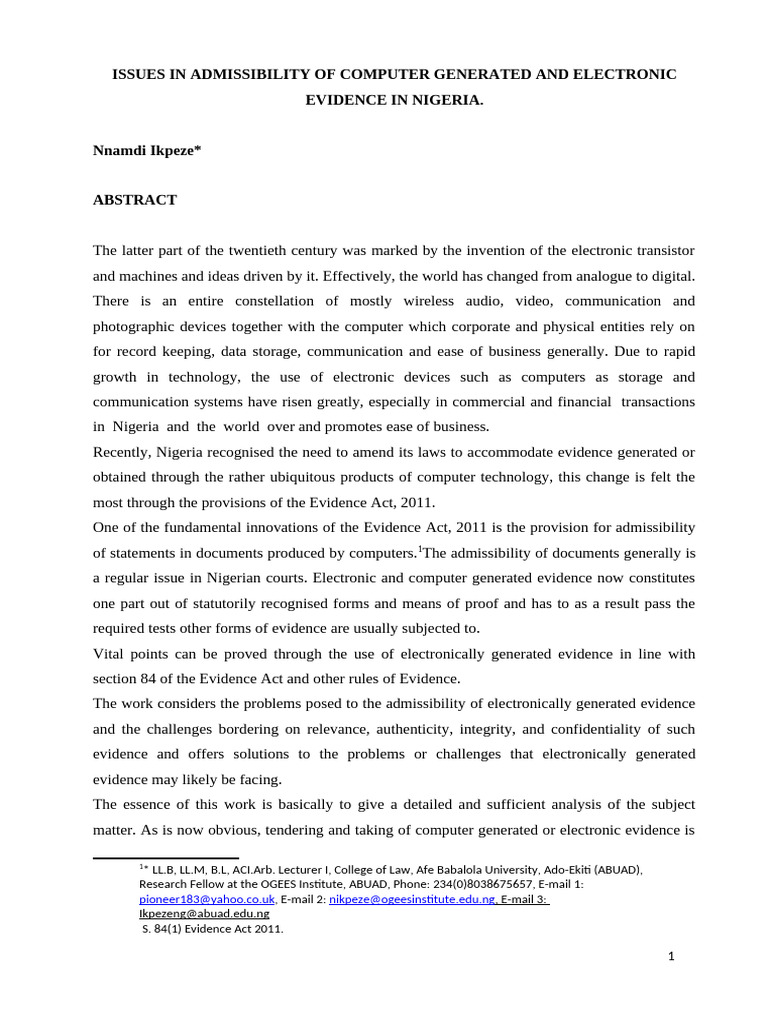Issues in Admissibility of Computer Generated and Electronic Evidence ...
