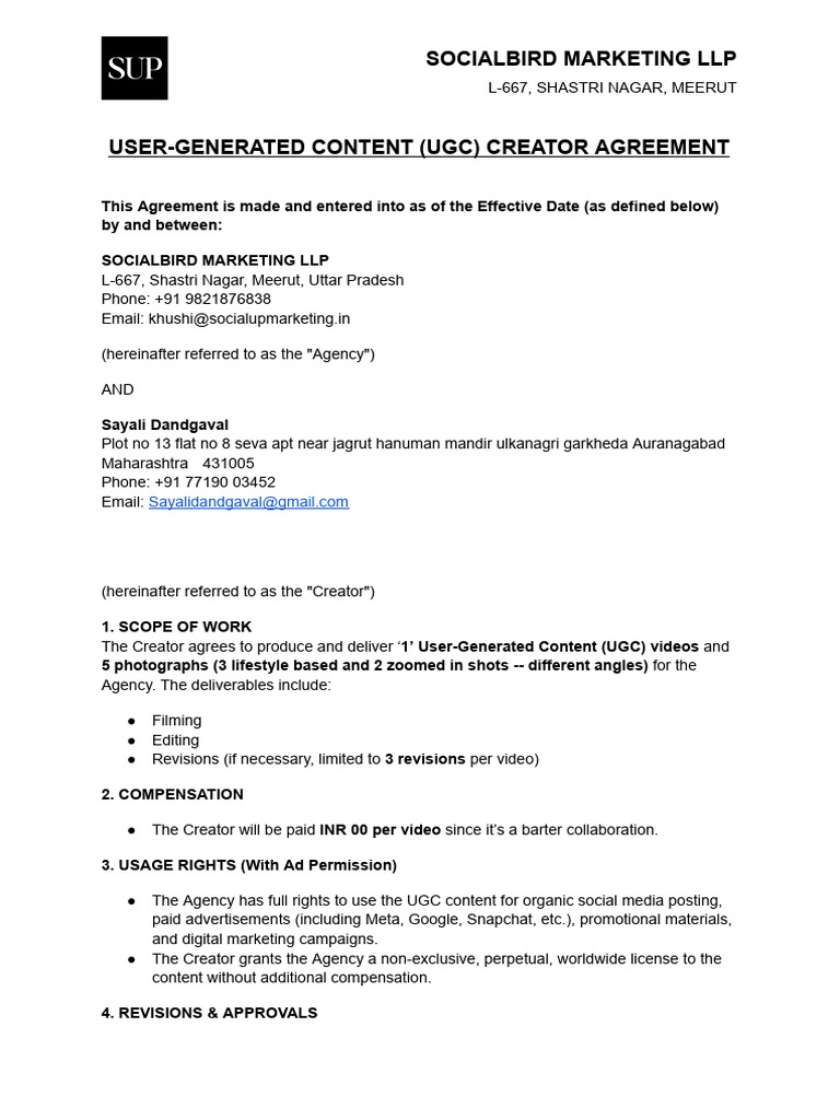 Ugc Ad Creator Agreement (Sayalidandgaval) | PDF