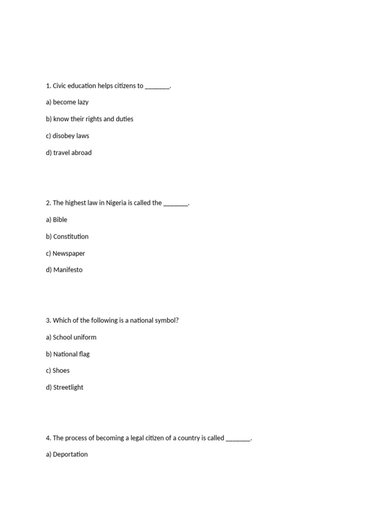Jss1 Civic Questions | PDF | Corruption | Justice