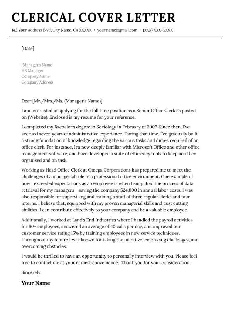 Clerical Cover Letter Example | PDF