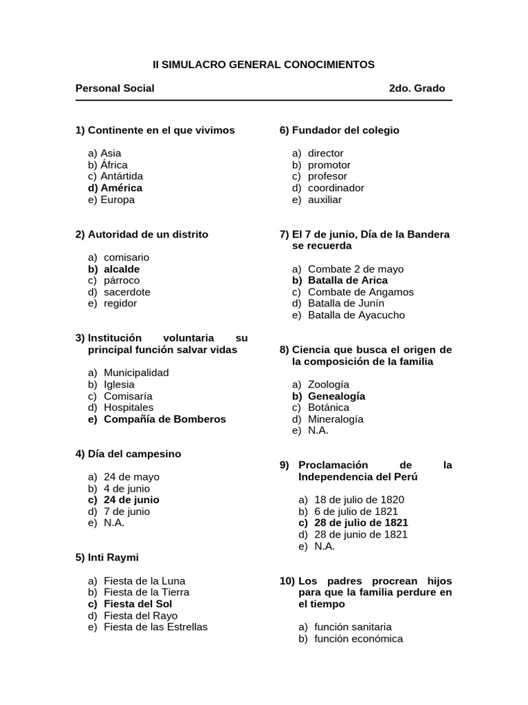 II SIMULACRO GENERAL CONOCIMIENTOS - PERSONAL SOCIAL - 2grado - 2024 | PDF | América del Sur | Perú